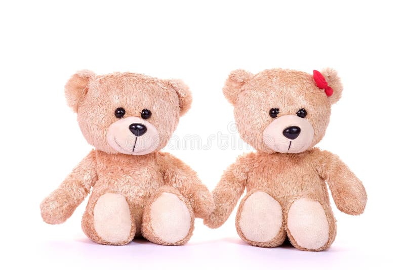 Two Teddy Bears Sitting On White Background Love And Relationship