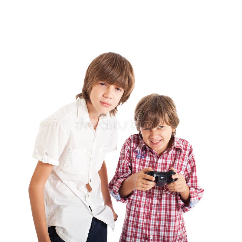 Two Boys Playing Computer Games Stock Image - Image of arms, joystick ...