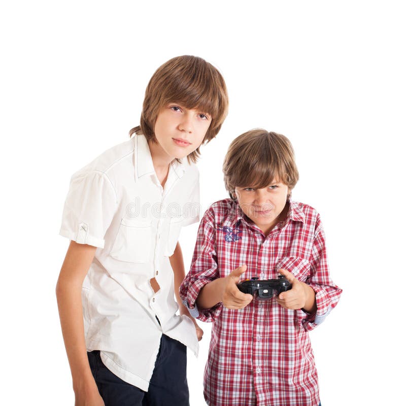 Two Boys Playing Computer Games Stock Image - Image of small, hands ...