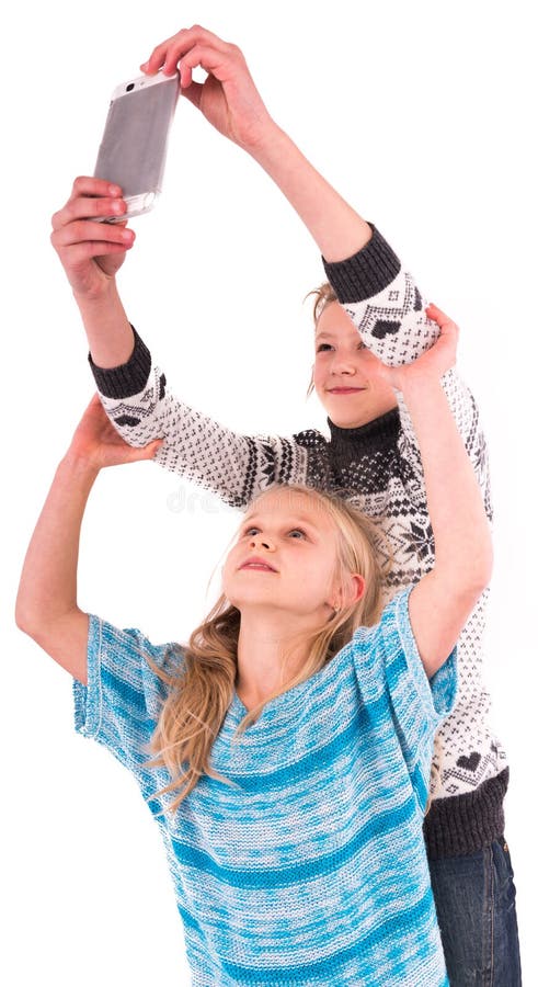 Two Teen Girls Make Selfie On A White Background Stock Image Image Of