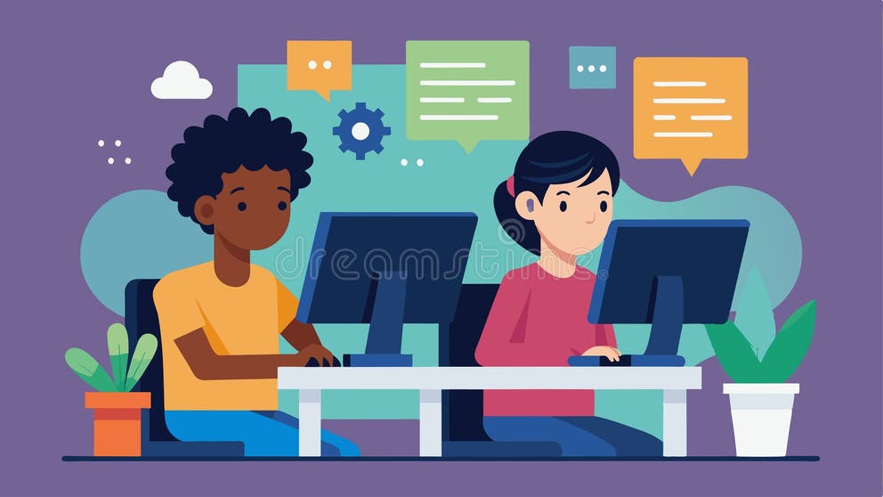 Two Teenagers Sit in Front of a Computer Intently Coding and Debugging ...