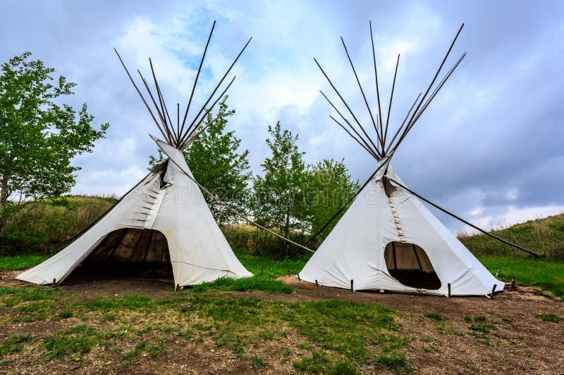Two Teepees are Standing in a Field Stock Image - Image of cloudy ...