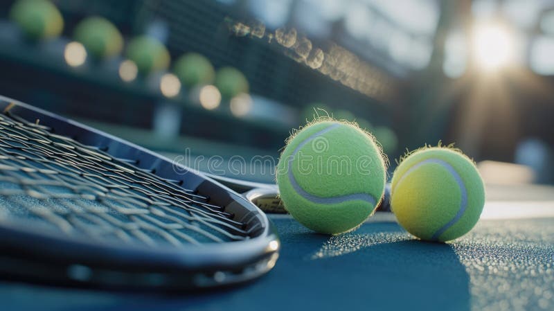 Two Tennis Balls and a Racket on a Tennis Match Setup Stock Photo ...