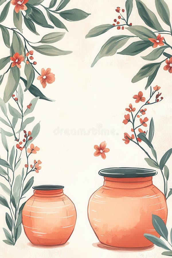 Two Terracotta Pots with Floral Border Illustration Stock Illustration ...