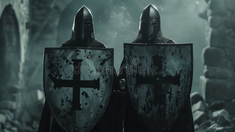 Two Teutonic Knights Stand Side by Side Their Shields Adorned with the ...
