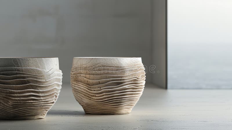 Two Textured Ceramic Pots with a Layered, Wavy Design, Sitting on a ...