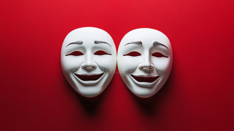 Two Theater Masks on a Red Background, Artistic Expression Concept ...