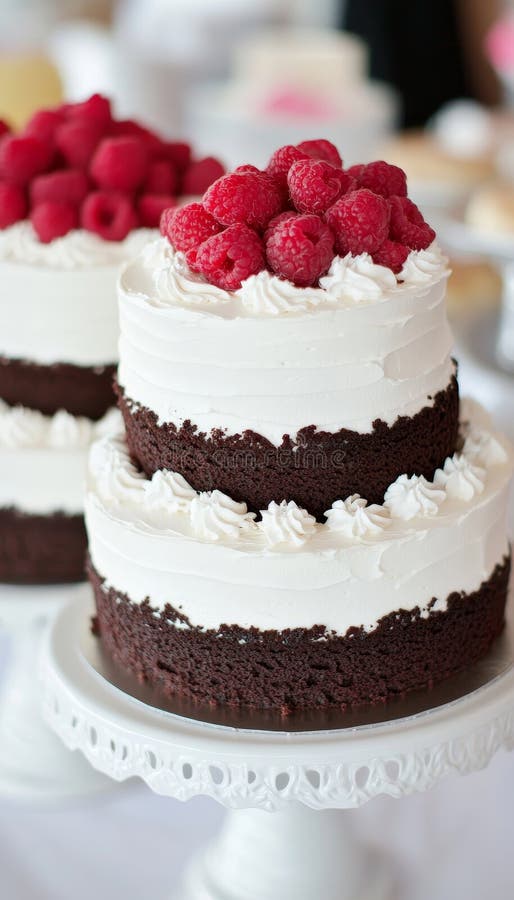 Two-Tier Chocolate Raspberry Cakes with Whipped Cream and Fresh Berries ...