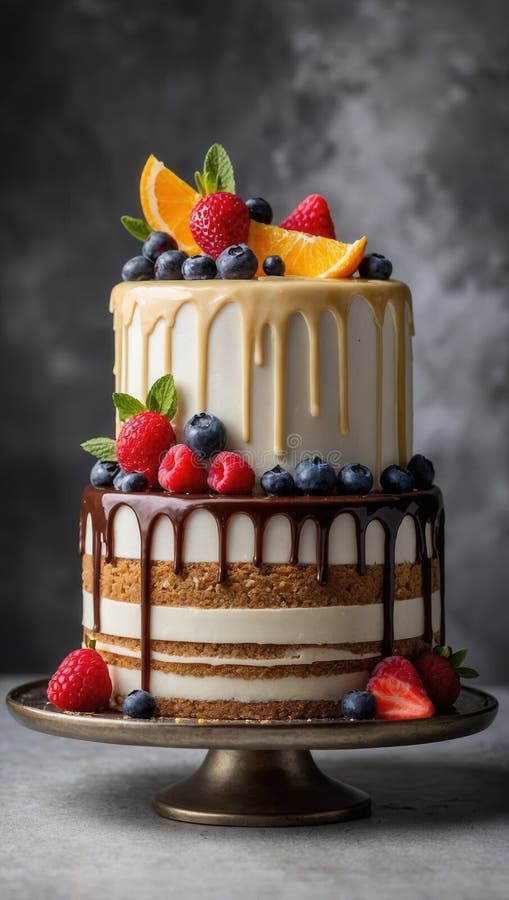 Two-tier Rectangular Cake with White Frosting, Topped with Fresh Fruit ...