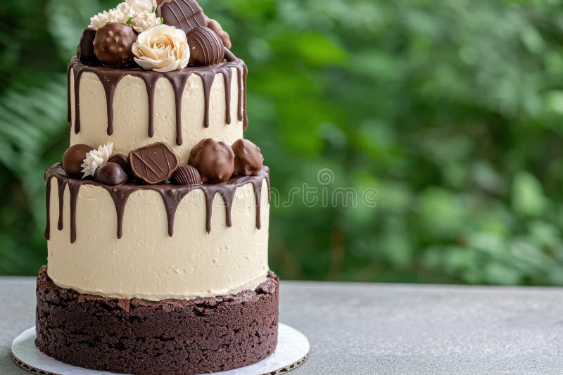 Two-tiered Chocolate Drip Cake Decorated with Chocolate Candies and ...