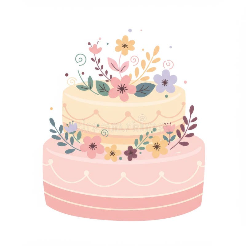 Two Tiered Floral Wedding Cake Pastel Illustration Stock Illustration ...