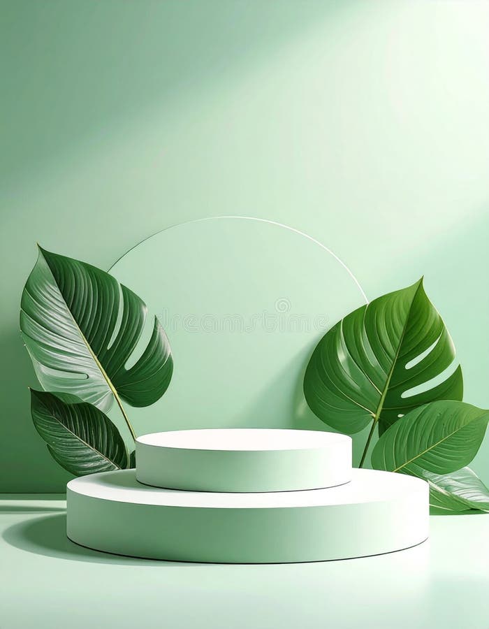 Two Tiered Green Pastel Product Display Platform with Monstera Leaves ...