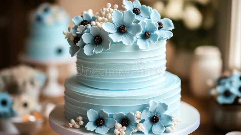 Two Tiered Light Blue Wedding Cake Adorned with Sugar Flowers Stock ...