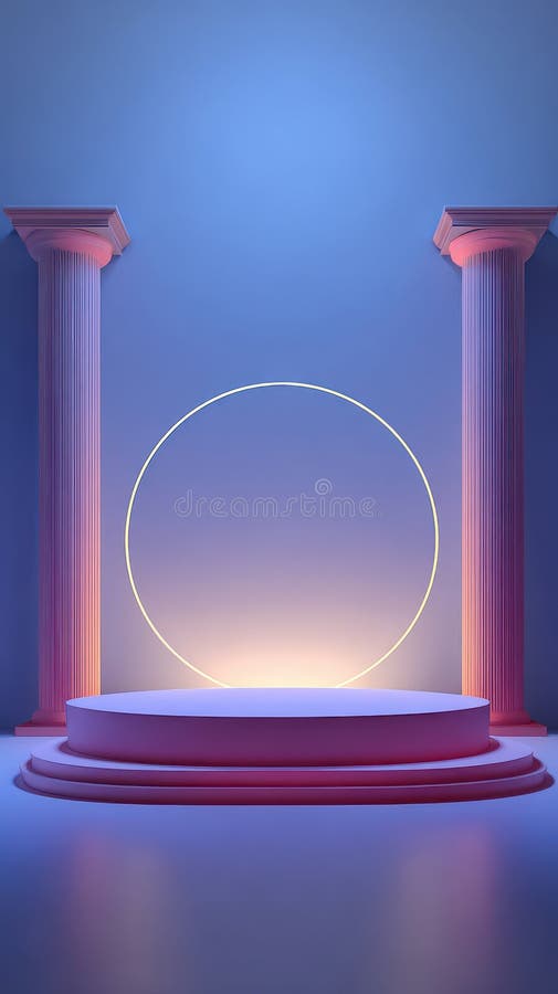 A Two Tiered Pink Marble Display Platform with Columns and a Glowing ...