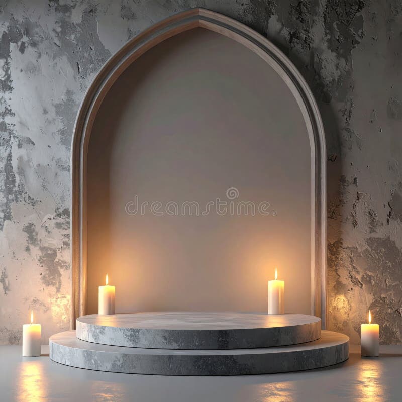 Two Tiered Stone Podium with Candles and Gothic Arch Stock Illustration ...