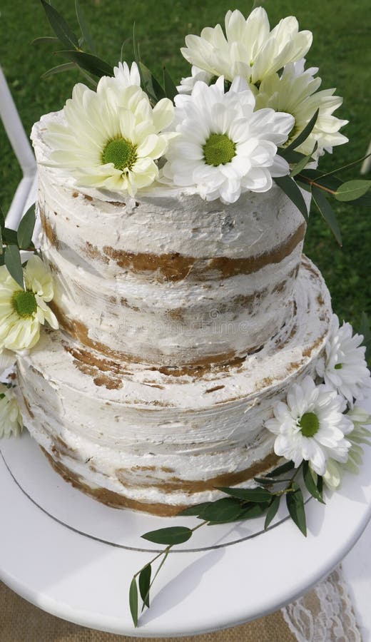 Two-tiered Wedding Cake in Rustic Style with White Flowers on it Stock ...