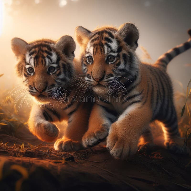 Two Tiger Cubs Prowling and Learning To Hunt Stock Illustration ...