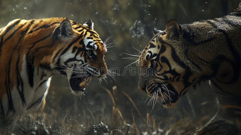 Two Tigers Confronting Each Other in a Dark Forest Stock Illustration ...
