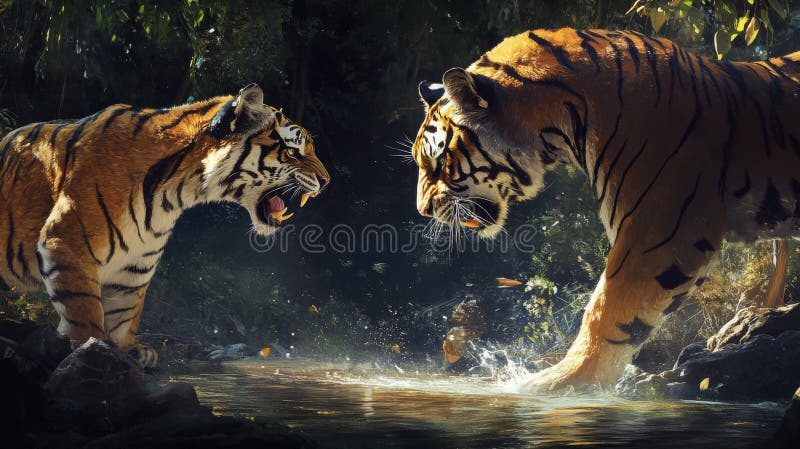 Two Tigers Confronting Each Other by a Forest Stream Stock Illustration ...