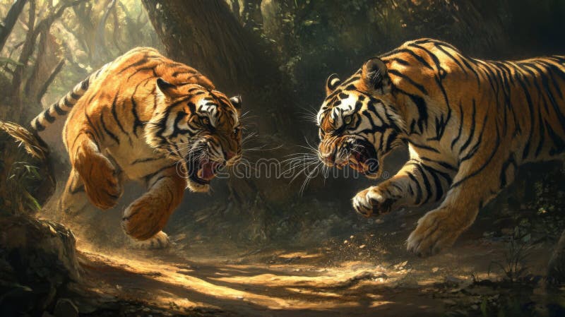Two Tigers Confronting Each Other in a Lush Jungle Setting Stock ...