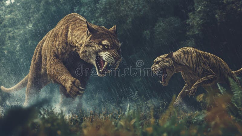 Two Tigers Confronting in a Lush Forest Stock Illustration ...