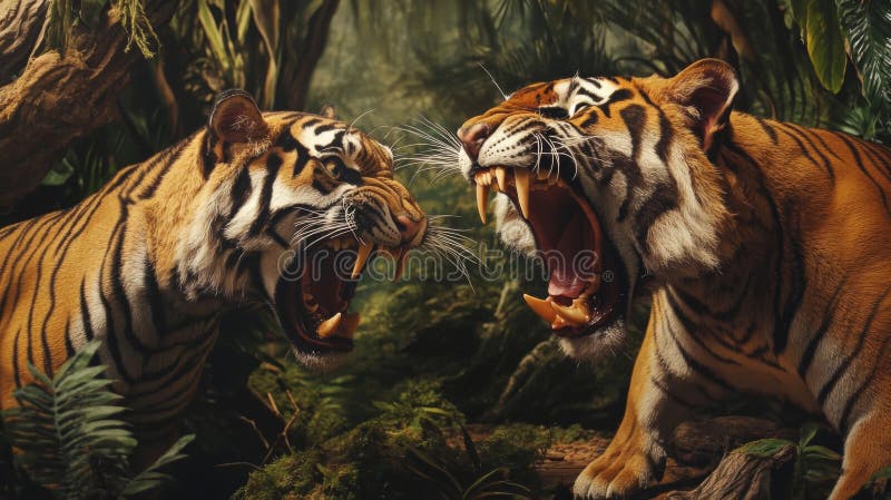 Two Tigers Confronting in Lush Green Jungle Stock Illustration ...