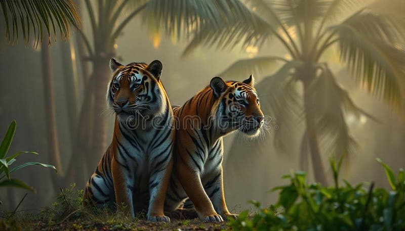 Two Tigers in a Dense, Misty Jungle with Palm Trees and Lush Vegetation ...