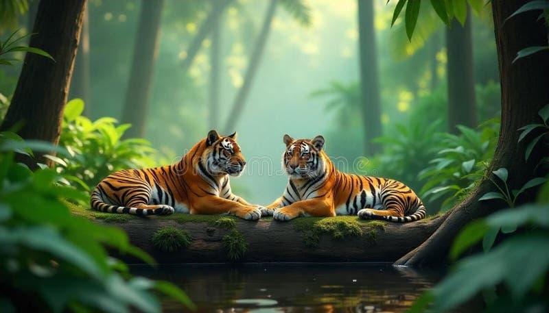 Two Tigers in a Dense, Misty Jungle with Palm Trees and Lush Vegetation ...