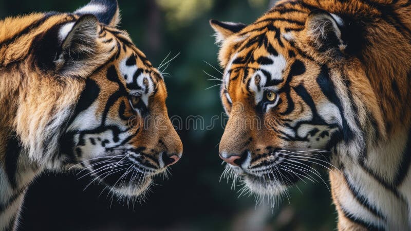 Two Tigers Face Off in Close Up Wildlife Portrait Stock Illustration ...