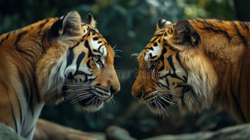 Two Tigers Face Off in Lush Forest Setting Stock Illustration ...