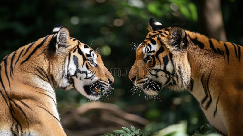 Two Tigers Face Off in Lush Green Forest Stock Illustration ...
