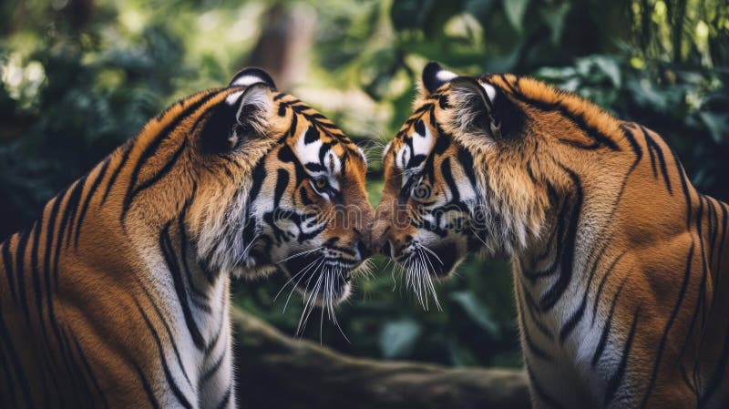 Two Tigers Face To Face in Lush Green Jungle Stock Illustration ...