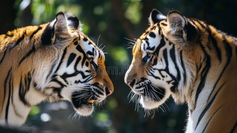 Two Tigers Facing Each Other Close Up Portrait Stock Illustration ...