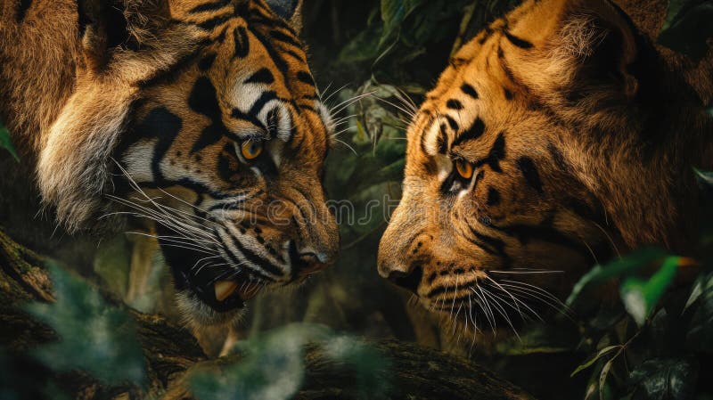 Two Tigers Facing Each Other in Lush Jungle Setting Stock Illustration ...