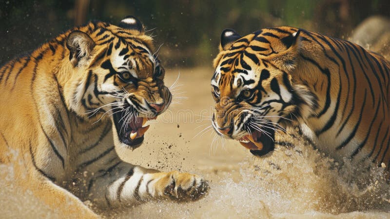 Two Tigers Fighting in Shallow Water Stock Illustration - Illustration ...