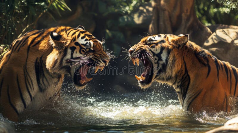 Two Tigers Fighting in Water Dramatic Wildlife Scene Stock Illustration ...