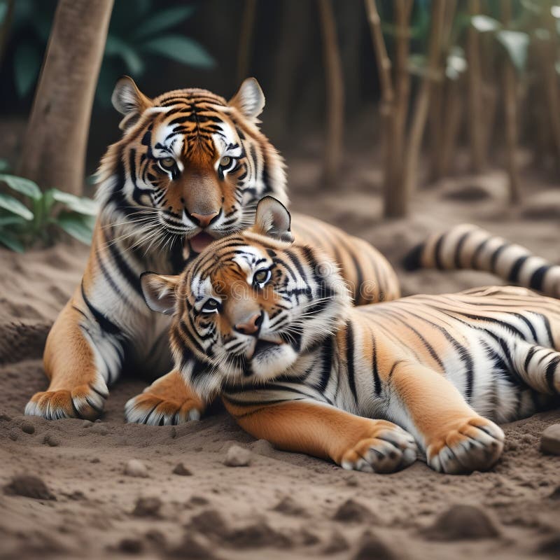 The Two Tigers on the Ground Stock Photo - Image of looking, majestic ...