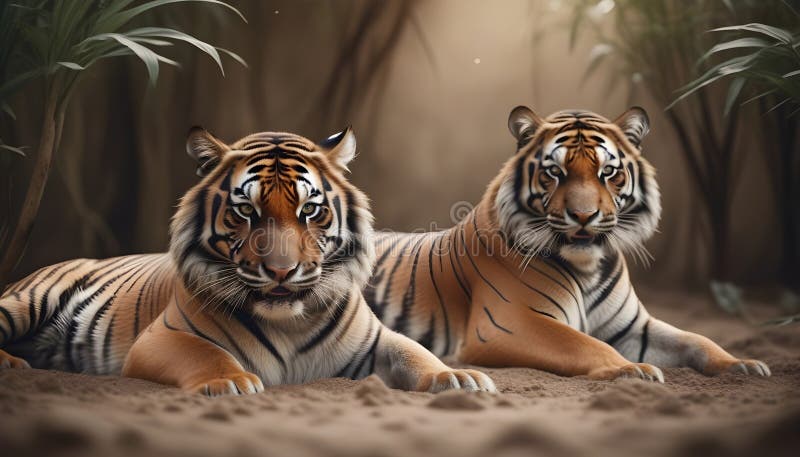 The Two Tigers on the Ground Stock Photo - Image of camera, looking ...