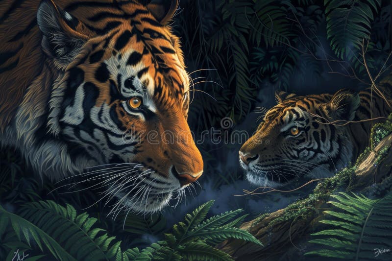 Two Tigers, One Stalking Its Prey, in a Dense Jungle Setting ...