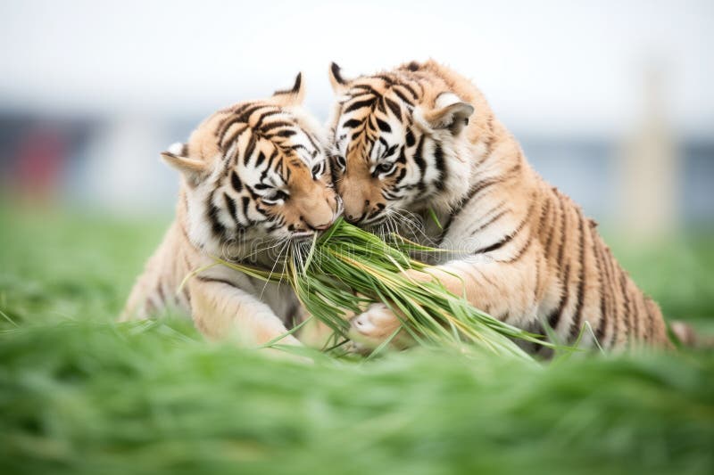 Two Tigers Play-fighting in Grass Stock Image - Image of animal ...