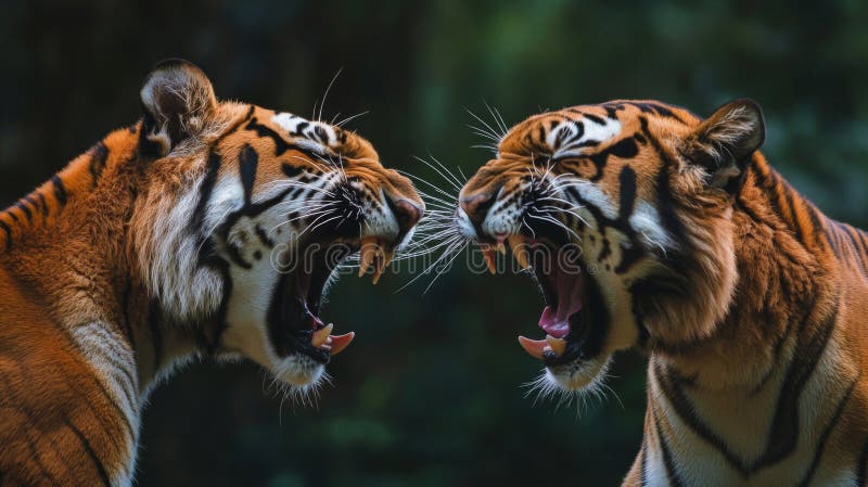 Two Tigers Roaring Face To Face in Dark Forest Stock Illustration ...