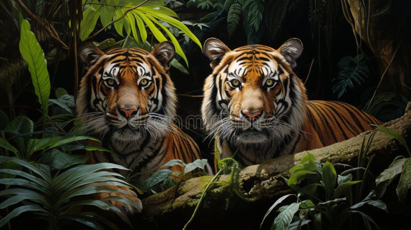 Two Tigers Standing between Trees Generated AI Stock Illustration ...