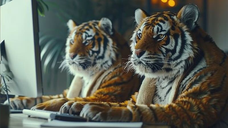 Two Tigers Working on a Computer Stock Illustration - Illustration of ...