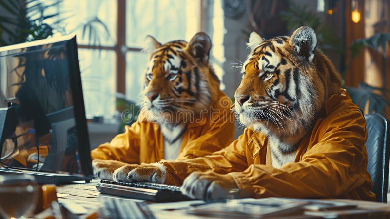 Two Tigers Working on a Computer Stock Illustration - Illustration of ...