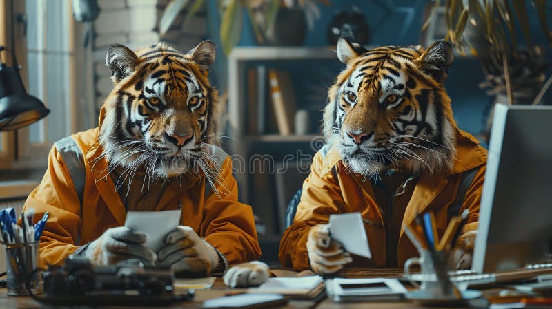 Two Tigers Working in an Office Stock Illustration - Illustration of ...