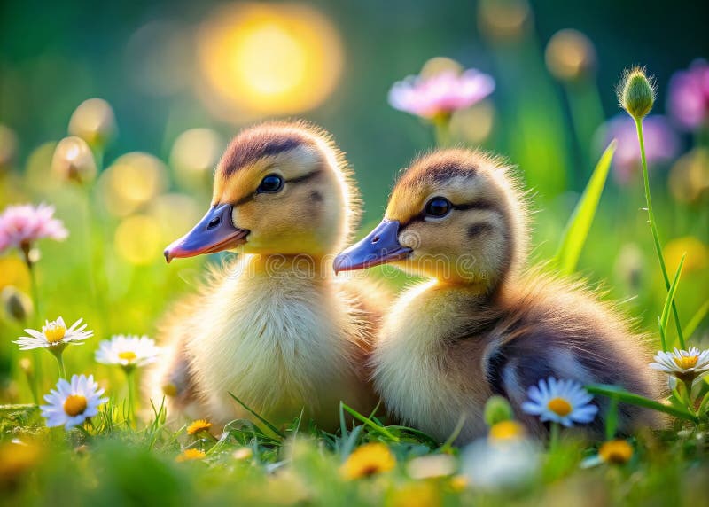 Two Tiny Ducklings Explore a Vibrant Spring Meadow a CloseUp Nature ...