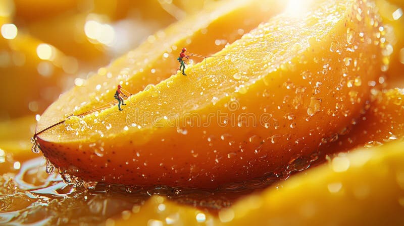 Two Tiny Figures Walk Up the Side of a Sliced Mango Stock Illustration ...