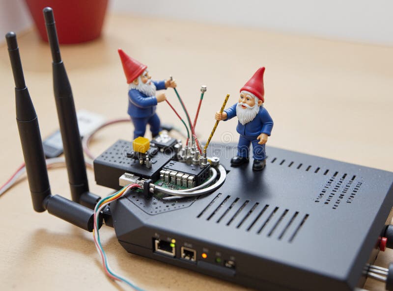 Two Tiny Gnomes in a Microworld Setting Work Together on a Wi-fi Router, Connecting Wires and ...