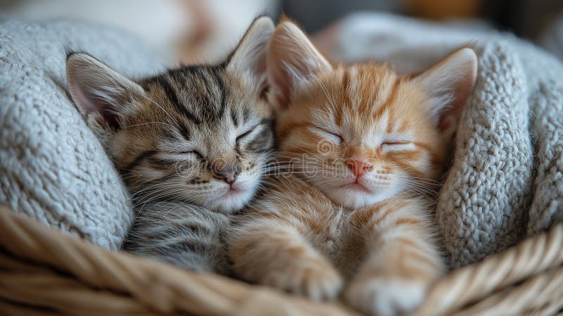 Two Tiny Kittens Snuggling Together in a Wicker Basket, Surrounded by ...