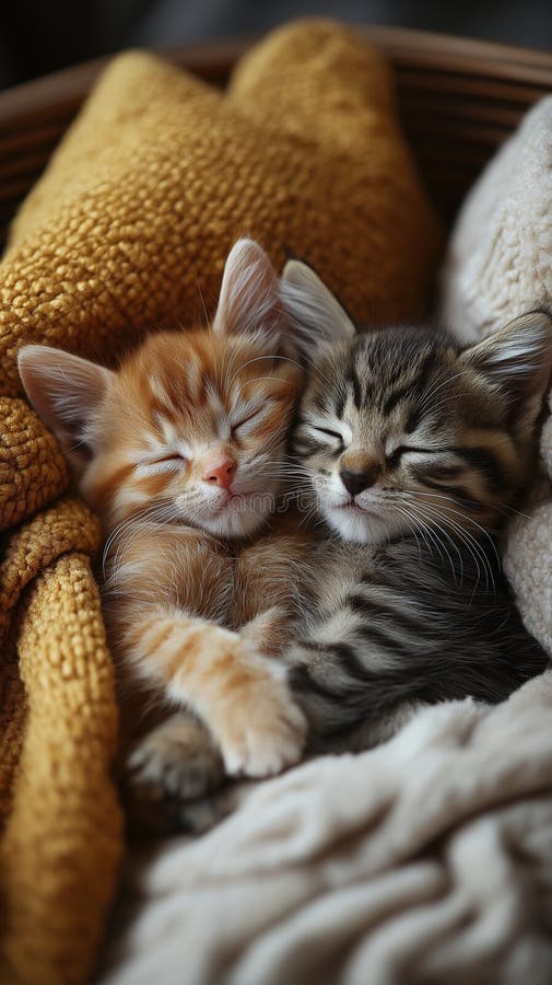 Two Tiny Kittens Snuggling Together in a Wicker Basket, Surrounded by ...